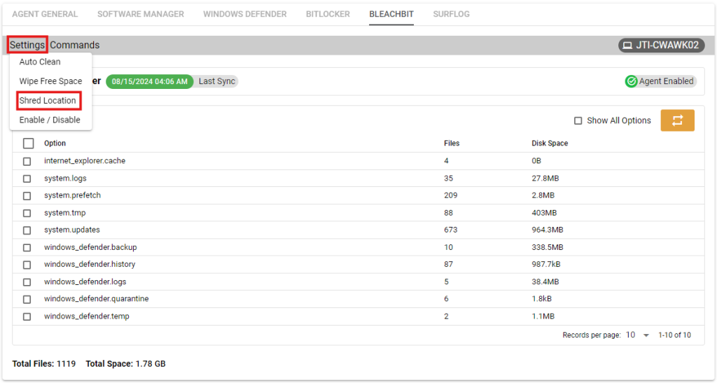 BleachBit Agent Settings (Shred Location) - RMMmax